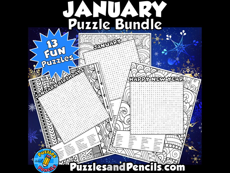 January Word Search Puzzle Activity Page with Colouring BUNDLE | 13 ...