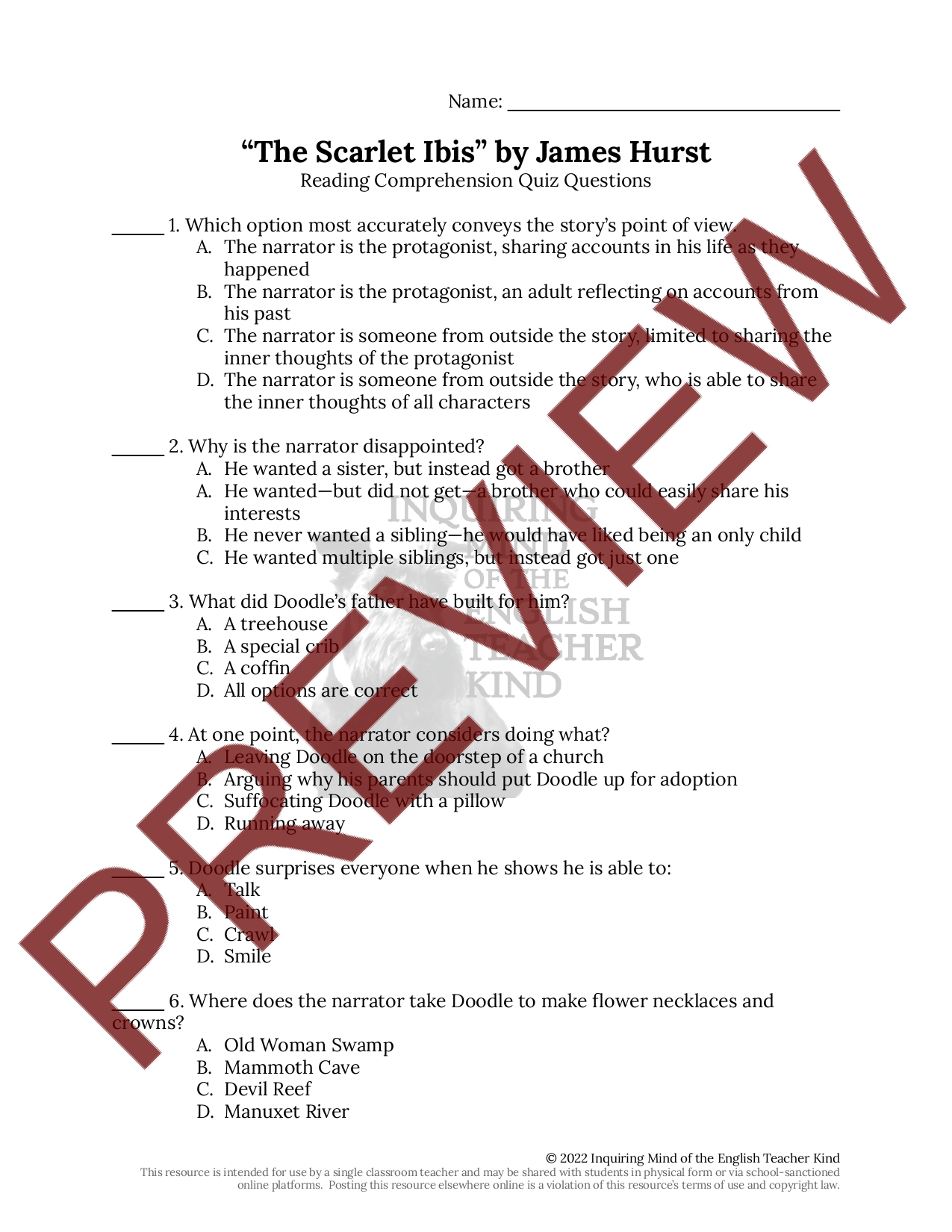 “The Scarlet Ibis” by James Hurst Quiz and Answer Key | Teaching Resources
