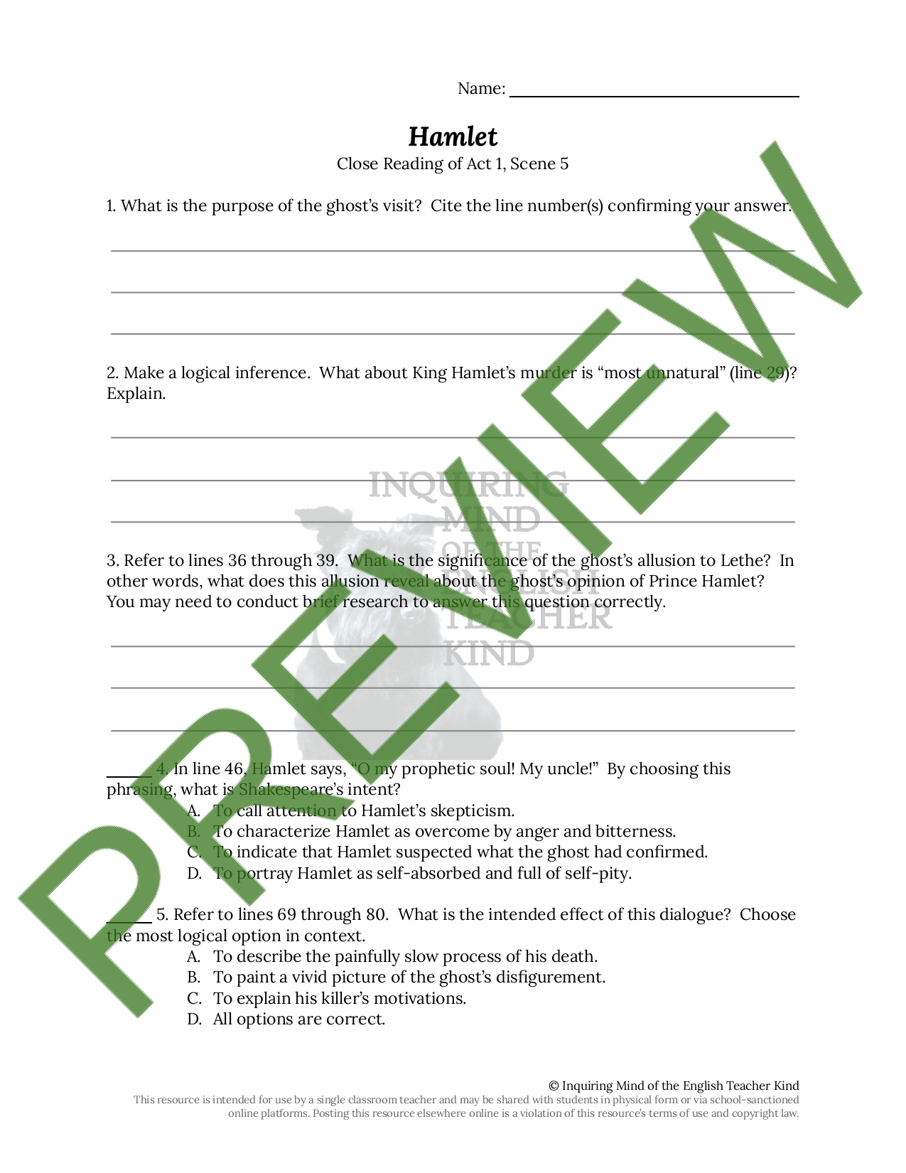 Hamlet Act 1 Scene 5 Close Reading Worksheet | Teaching Resources