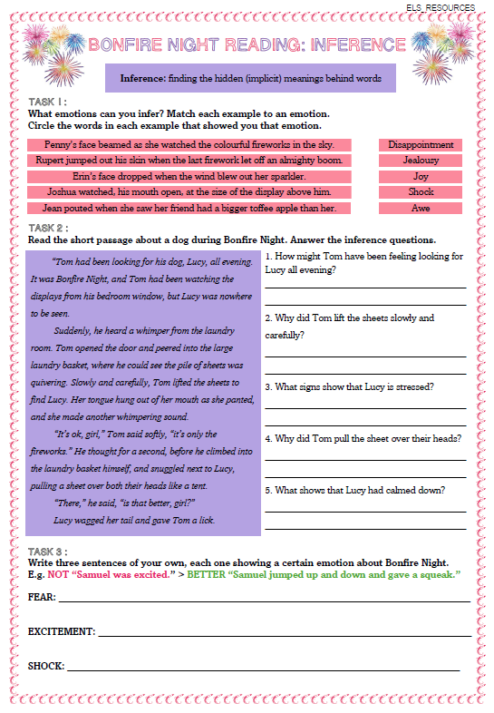 English Bonfire Night Reading Skills Inference Worksheet | Teaching ...