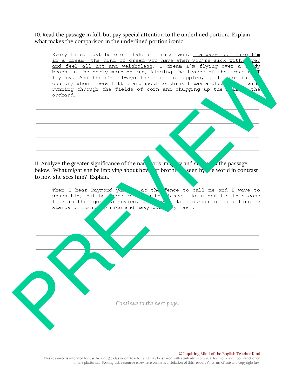 "Raymond's Run" by Toni Cade Bambara Close Reading Worksheet | Teaching ...