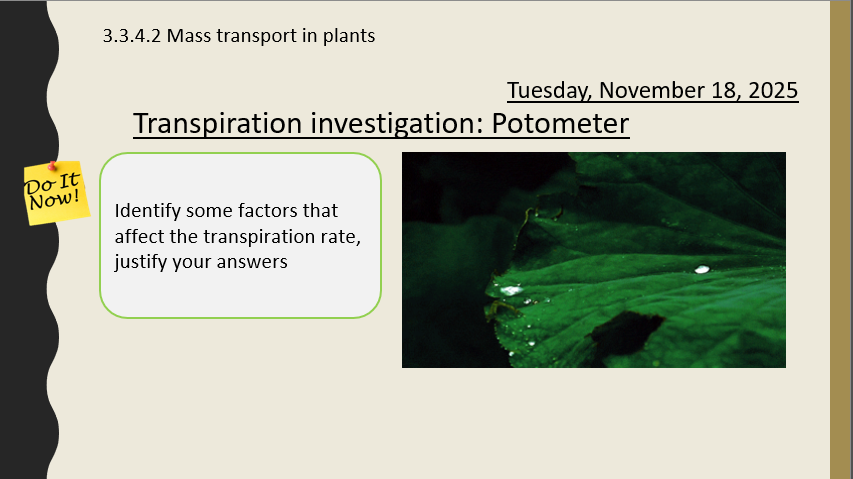 AQA A-Level New specification - 3.3.4.2 Transpiration with Potometer ...