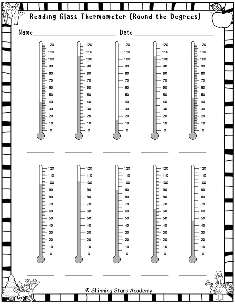 Reading a Glass Thermometer (Round to Degree) Worksheets | Temperature ...