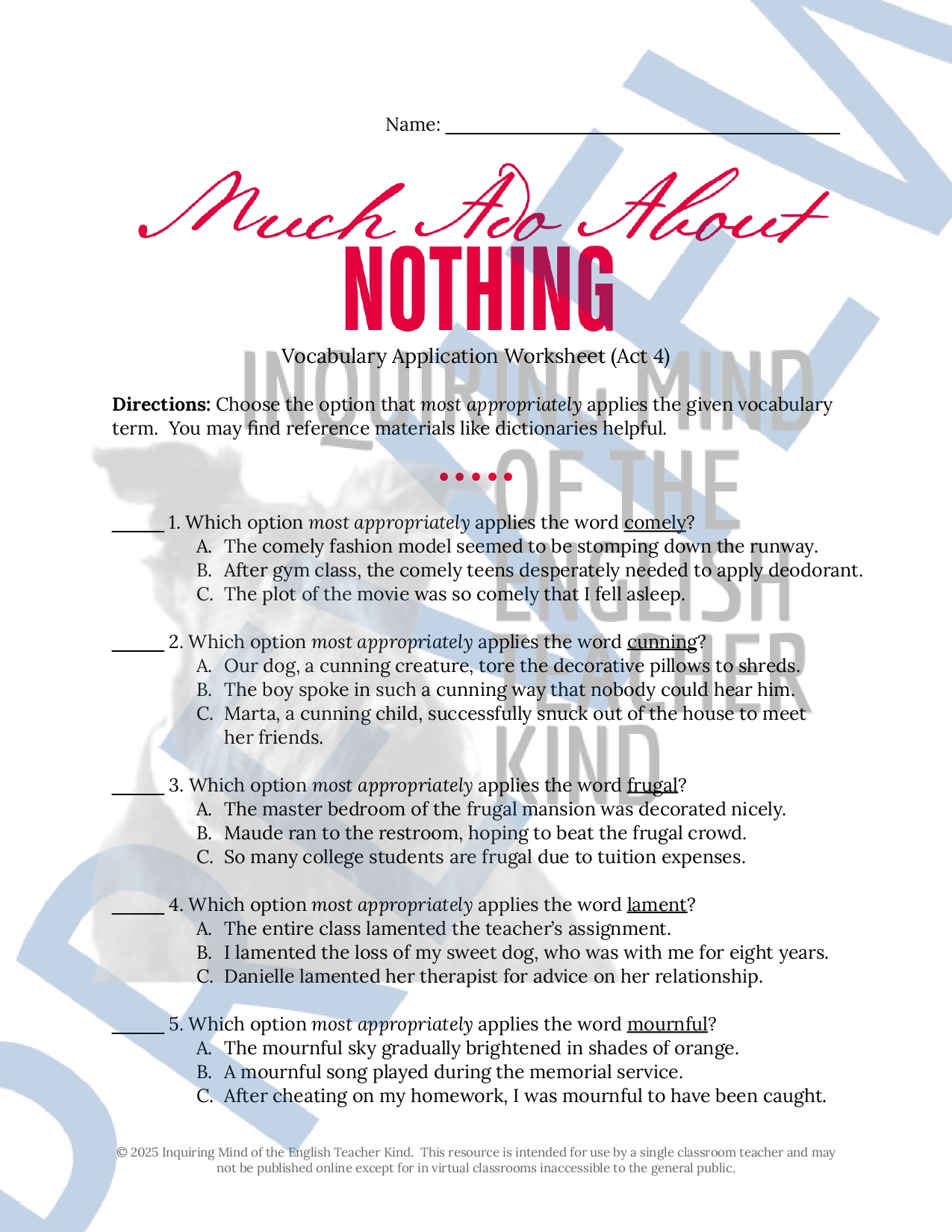 Much Ado About Nothing Act 4 Vocabulary Games | Teaching Resources