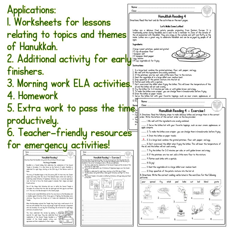 Hanukkah No-Prep ELA Worksheets | Teaching Resources