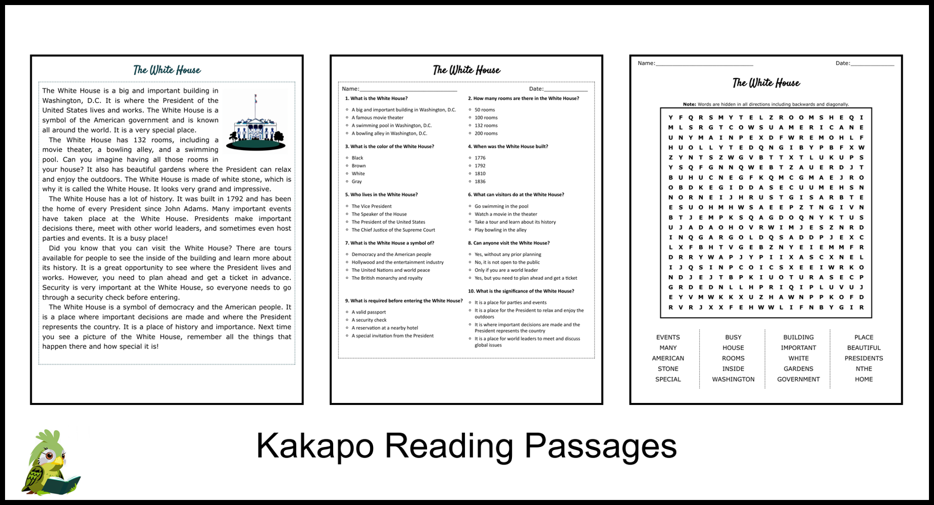 The White House Reading Comprehension and Word Search | Teaching Resources