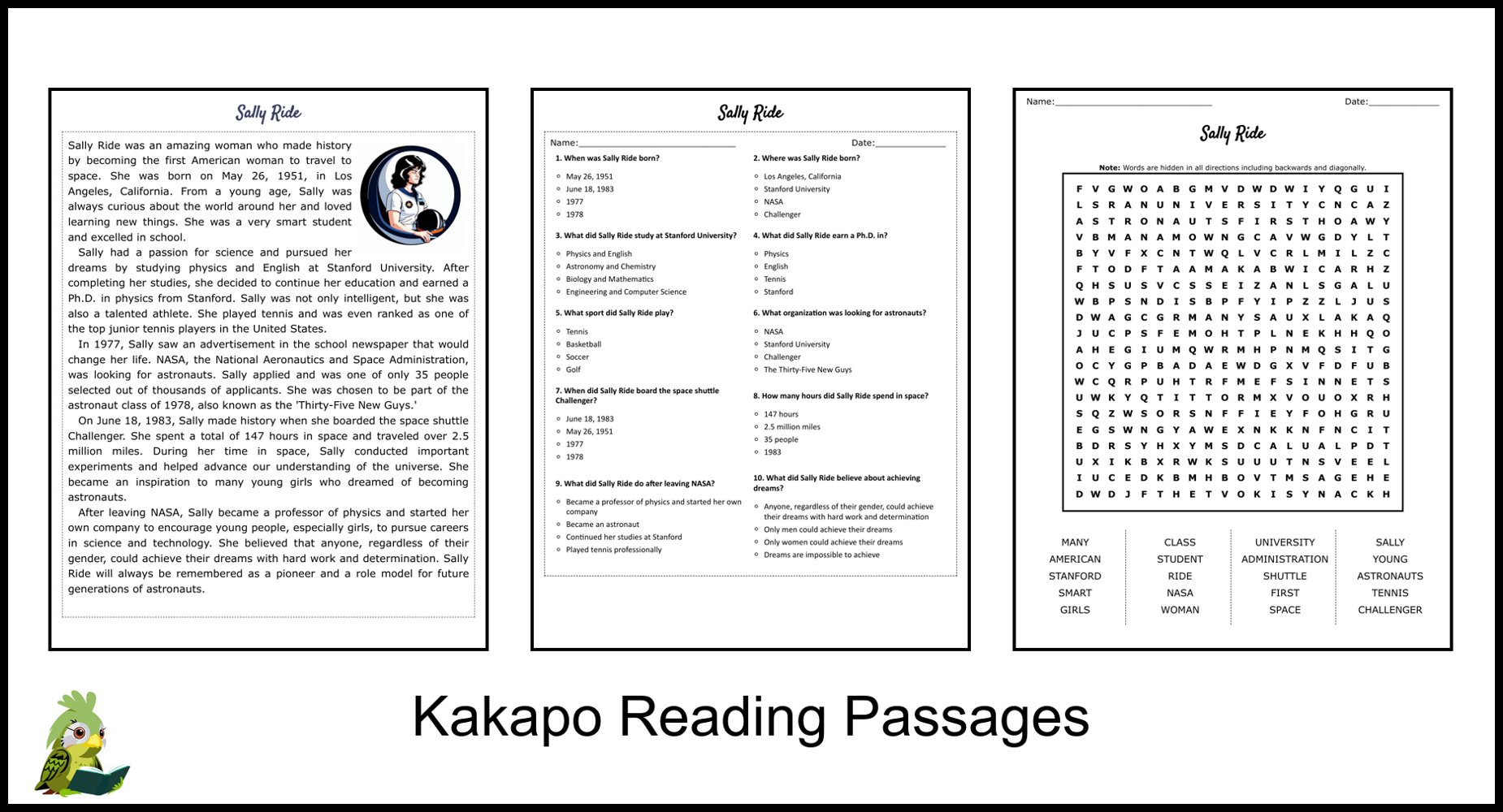 Sally Ride Reading Comprehension and Word Search | Teaching Resources