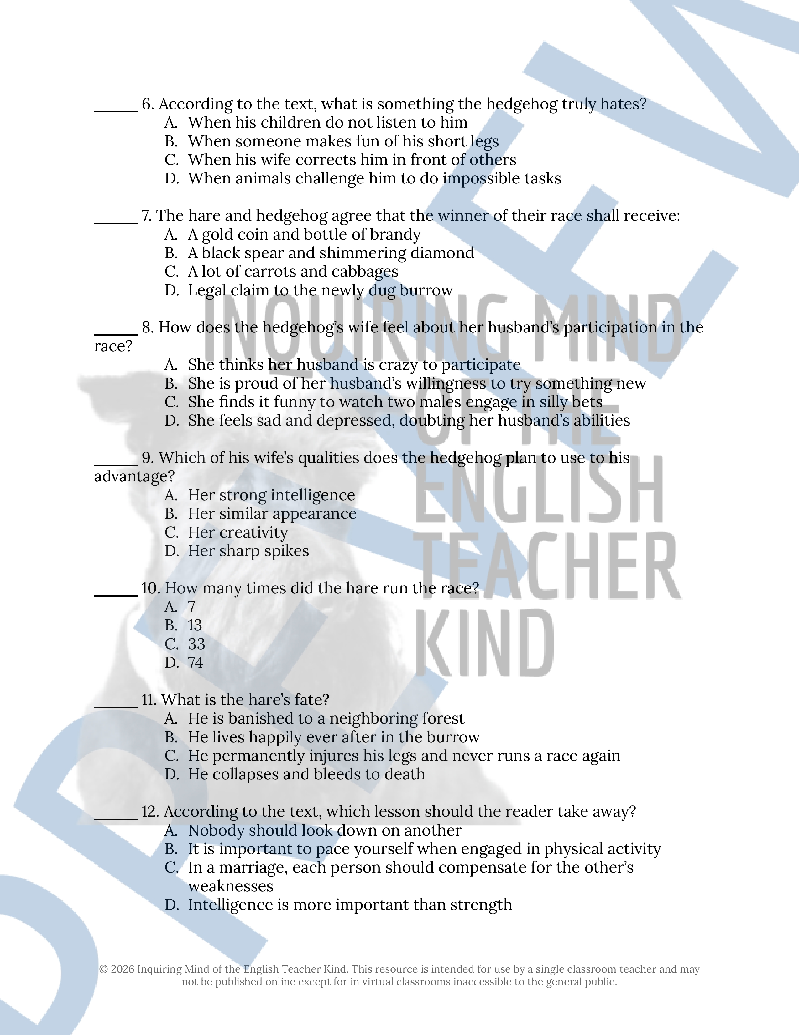 "The Hare and the Hedgehog" Quiz and Answer Key | Grimm's Fairy Tale ...