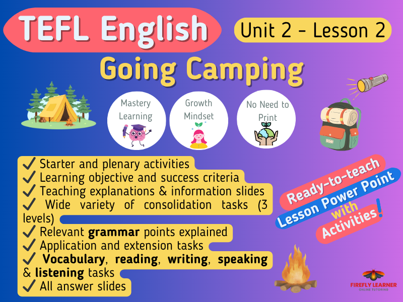 Going Camping & Past Simple TEFL English Lesson for beginner ESL ...