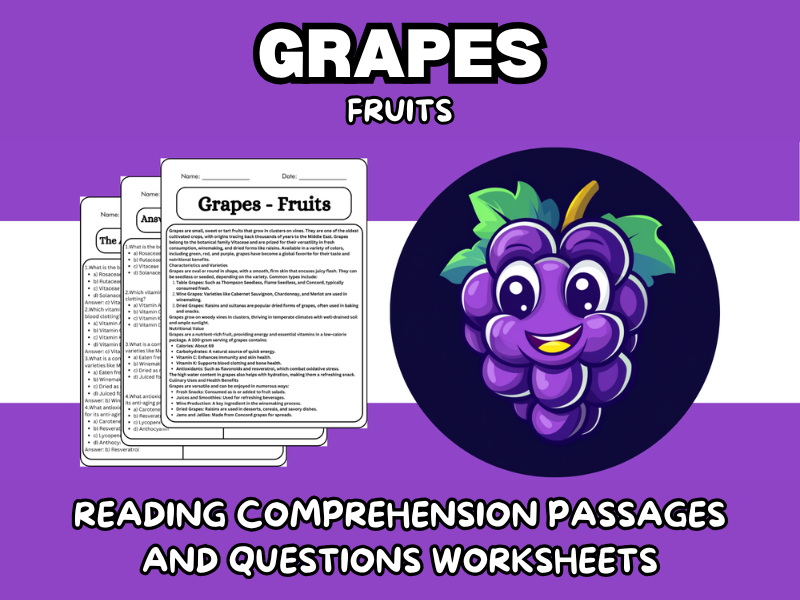 Grapes - Fruits Reading Comprehension Passages and Questions Worksheets ...