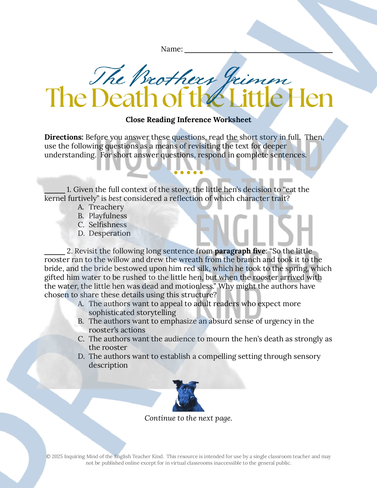 "The Death of the Little Hen" Close Reading Analysis Worksheet (Grimm's ...