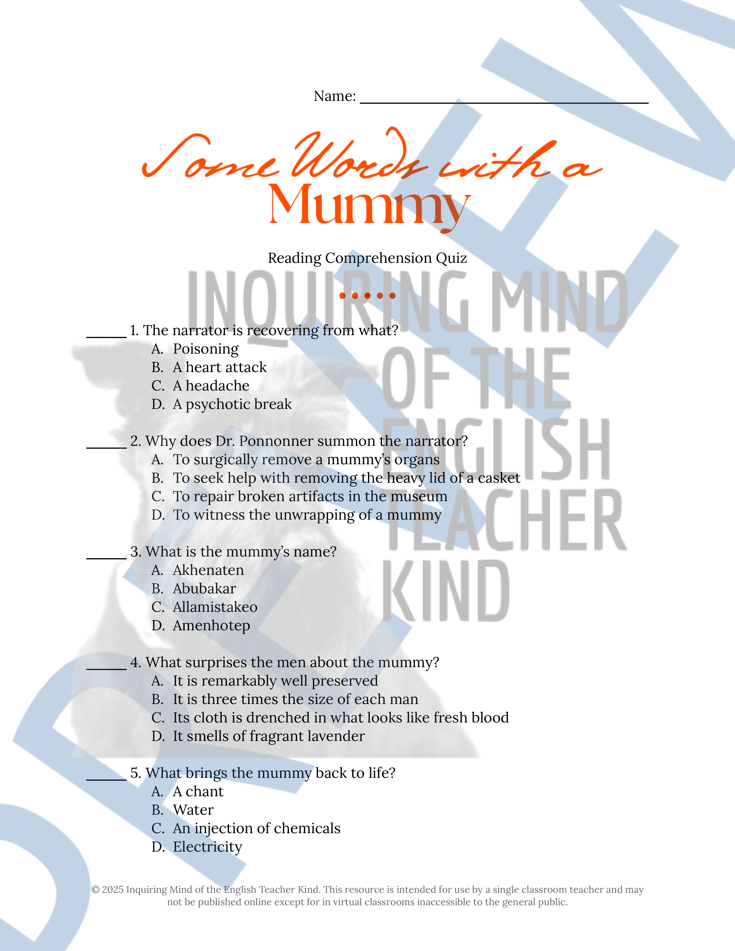 "Some Words with a Mummy" by Edgar Allan Poe Quiz and Answer Key ...