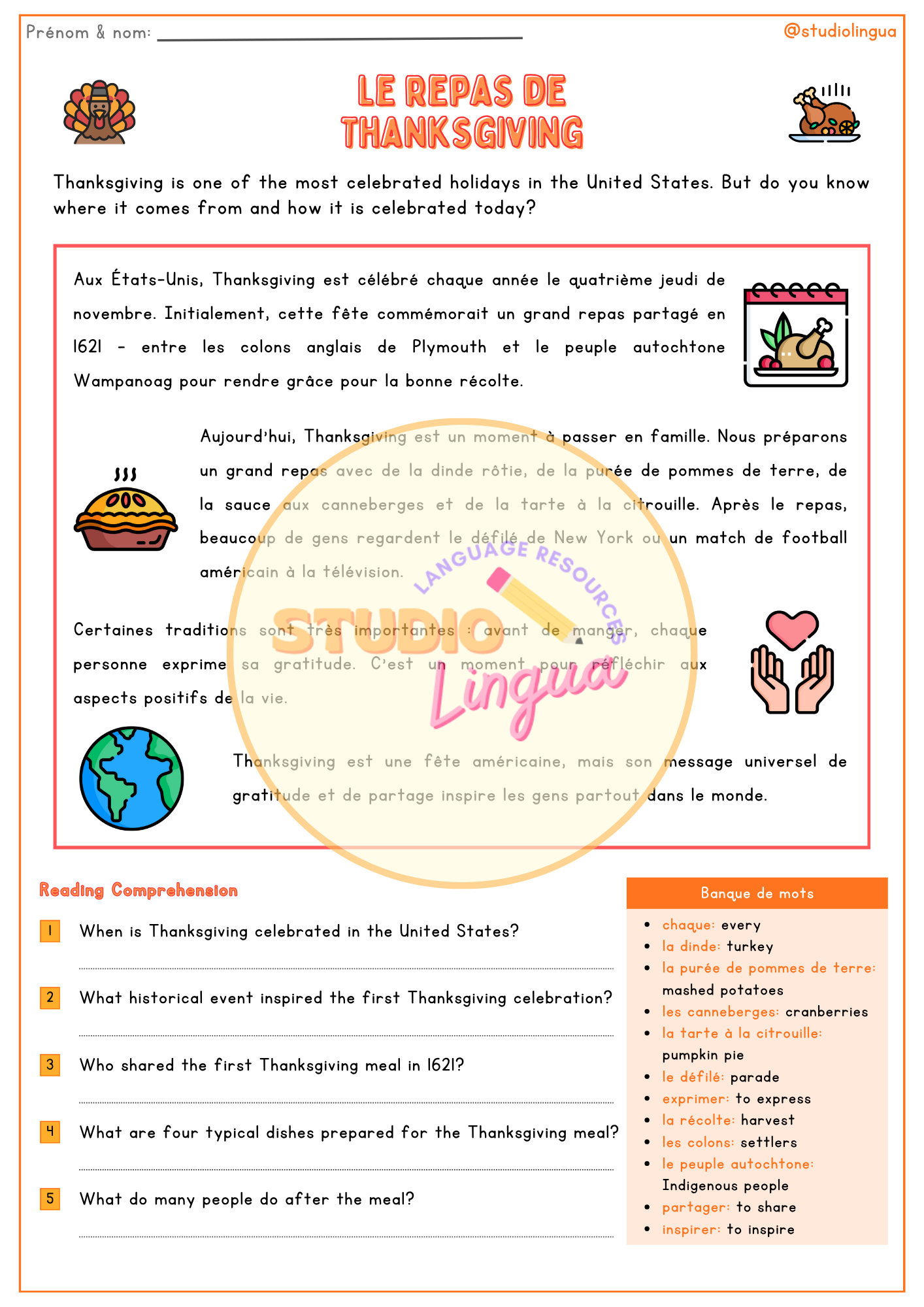 Thanksgiving Dinner | French Reading Comprehension Worksheet | KS3-KS4 ...