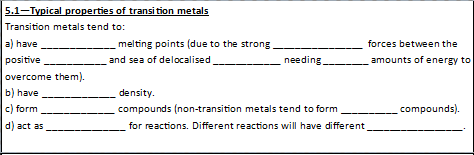 GCSE (9-1) Chemistry Transition metals revision placemat | Teaching ...