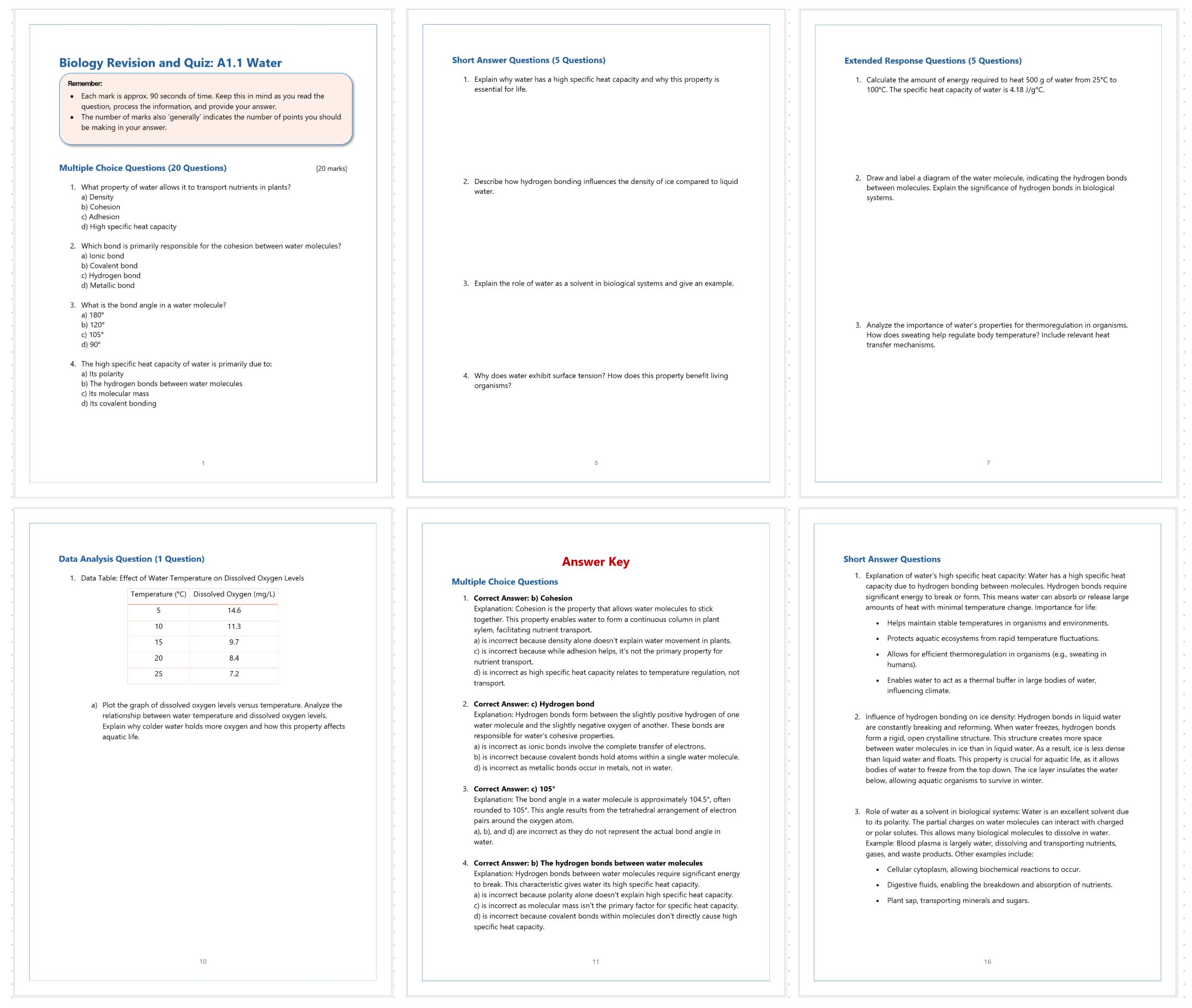 IB DP Biology A1.1 Water Quiz and Revision Worksheets 2026 | Teaching ...