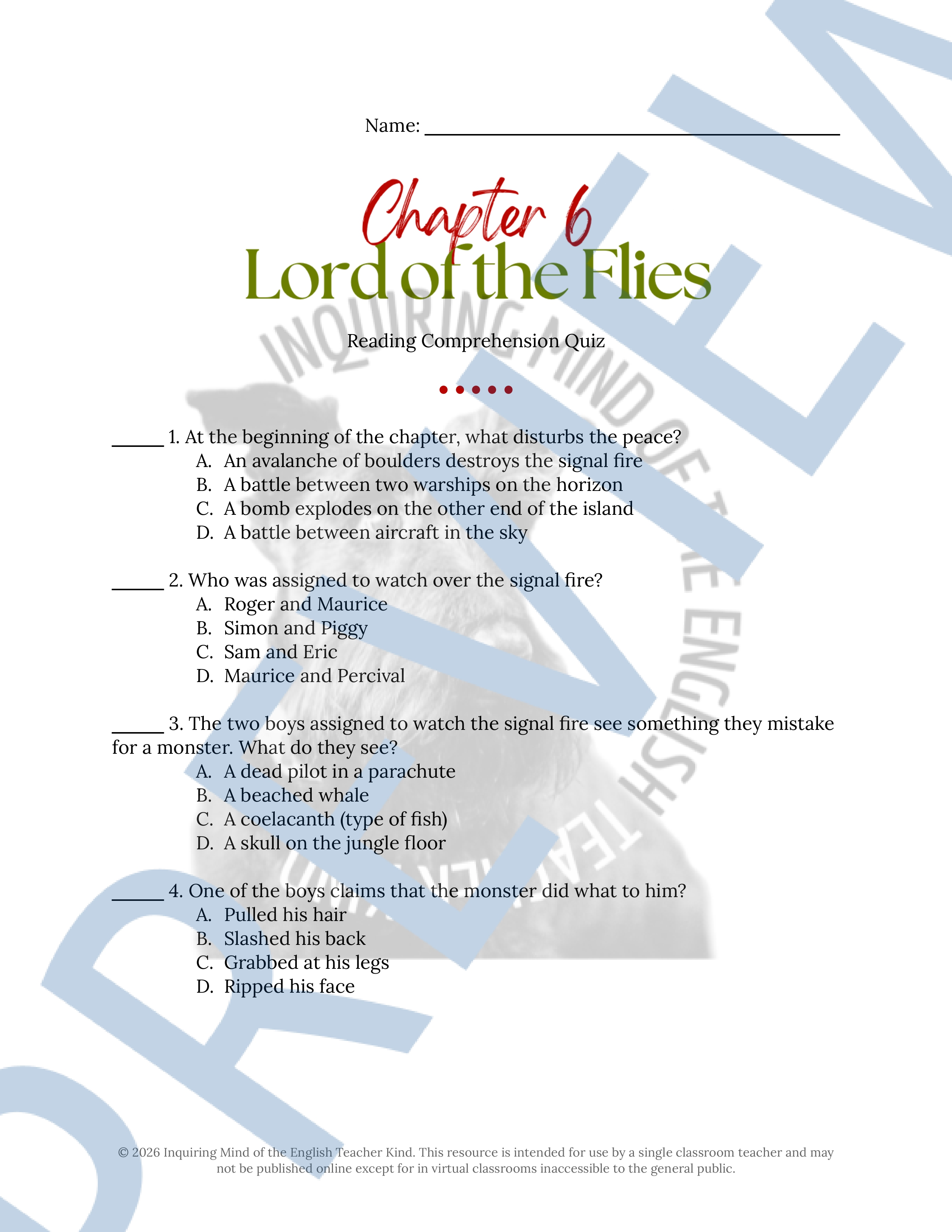 Lord of the Flies Chapter 6 Quiz and Answer Key | Guided Reading ...