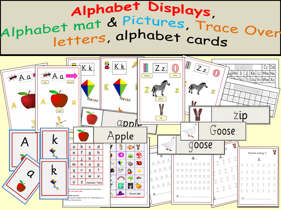 Alphabet: Displays/small Aa-Zz cards, Alphabet mat/pictures,Trace over ...