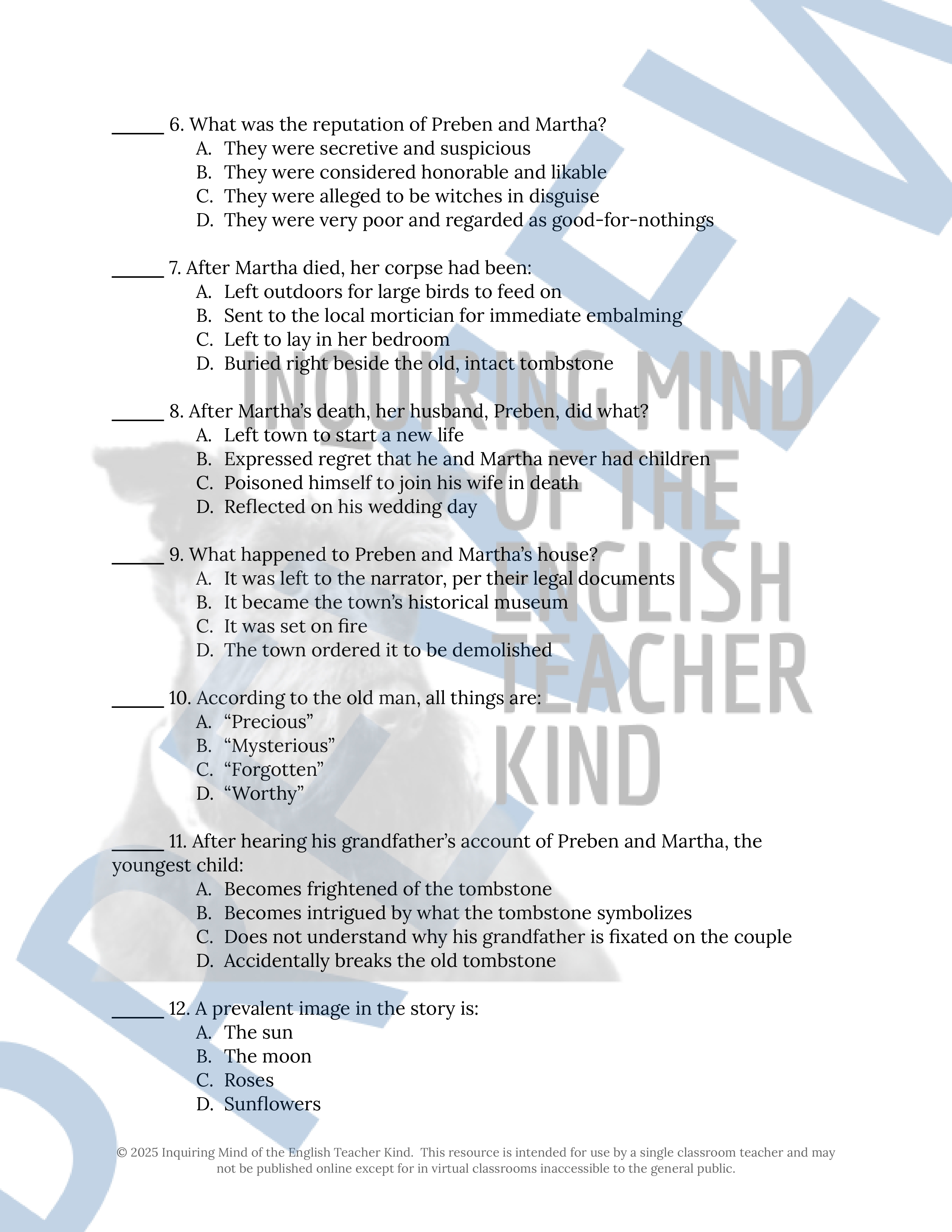 "The Old Tombstone" by Hans Christian Andersen Quiz and Answer Key ...