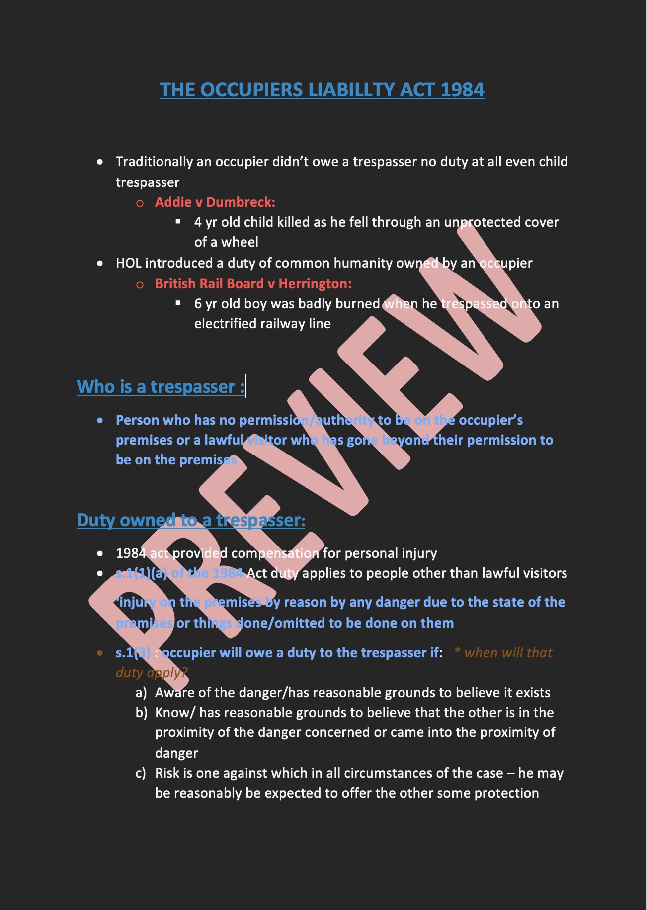 OCR A LEVEL LAW - OCCUPIERS LIABILITY ACT 1984 A/A* NOTES | Teaching ...