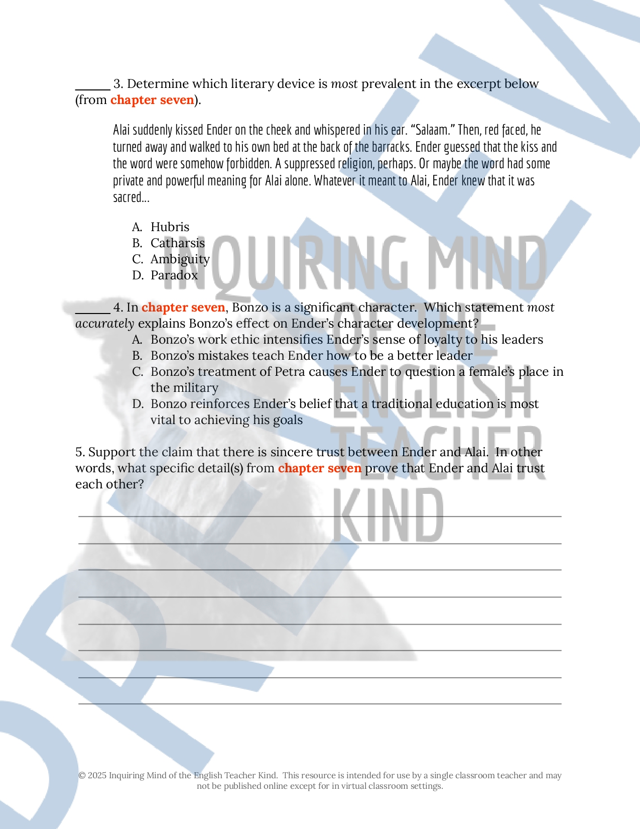 Ender's Game Chapters 7 and 8 Close Reading Analysis Worksheet ...