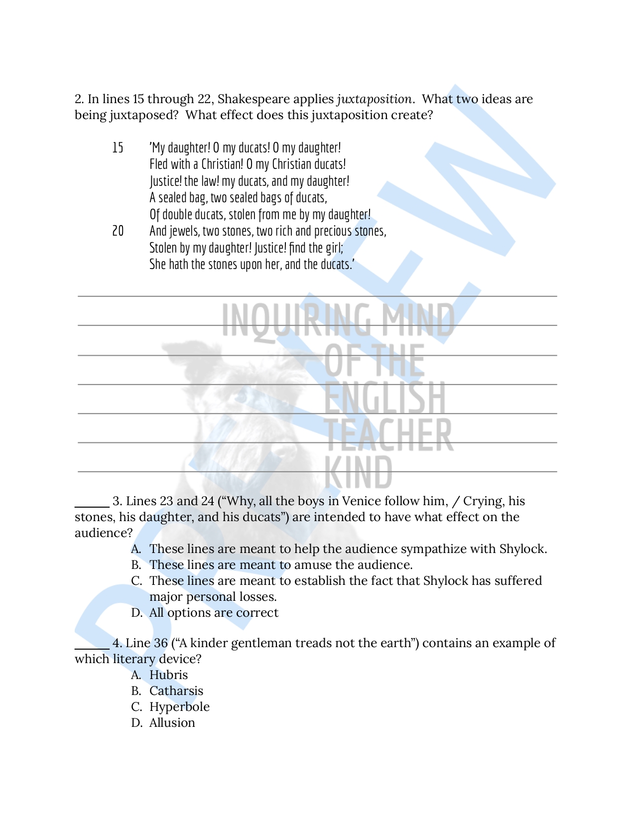 The Merchant of Venice Act 2 Scene 8 Close Reading Analysis Activity ...