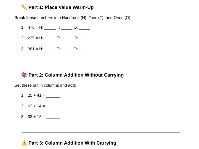 Year 3 Column Addition Worksheet and Answers | Teaching Resources