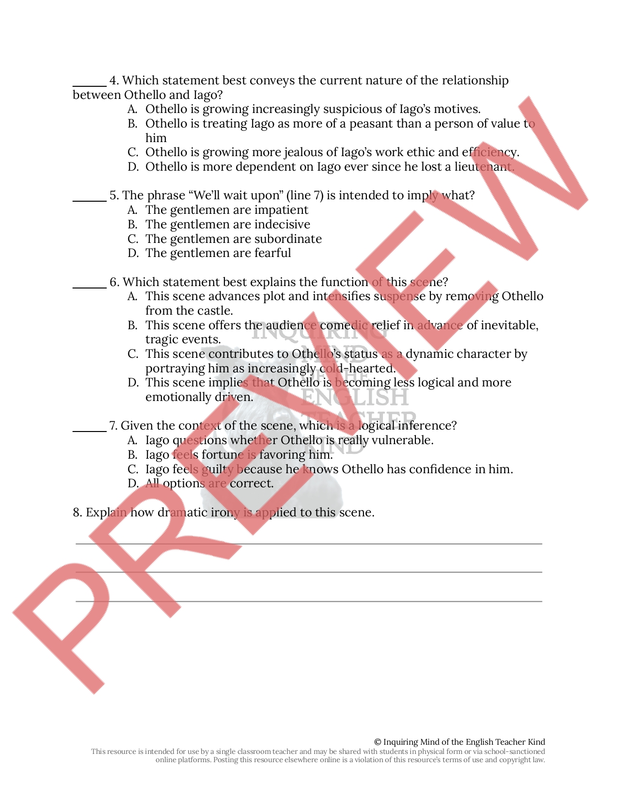 Othello Act 3 Scene 2 Close Reading Worksheet | Teaching Resources