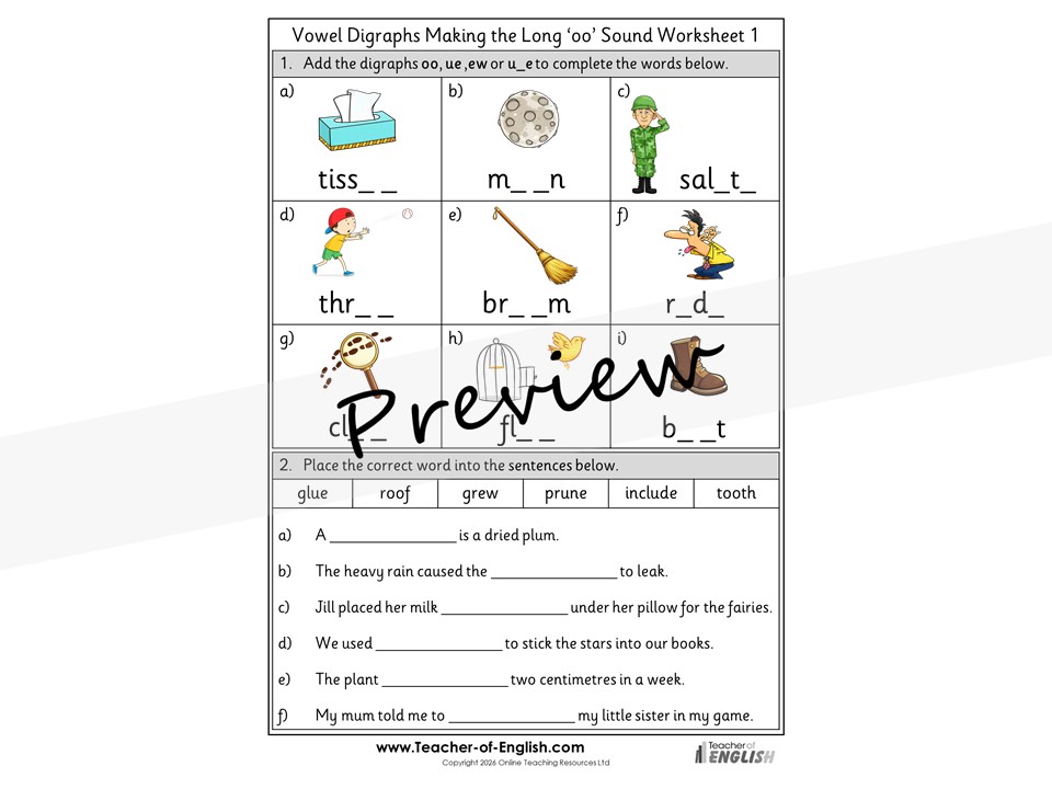 Vowel Digraphs Making the Long 'oo' Sound - Year 1 Spelling | Teaching ...
