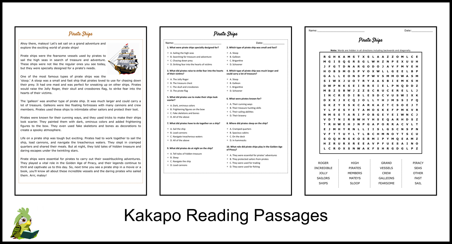 Pirate Ships Reading Comprehension and Word Search | Teaching Resources