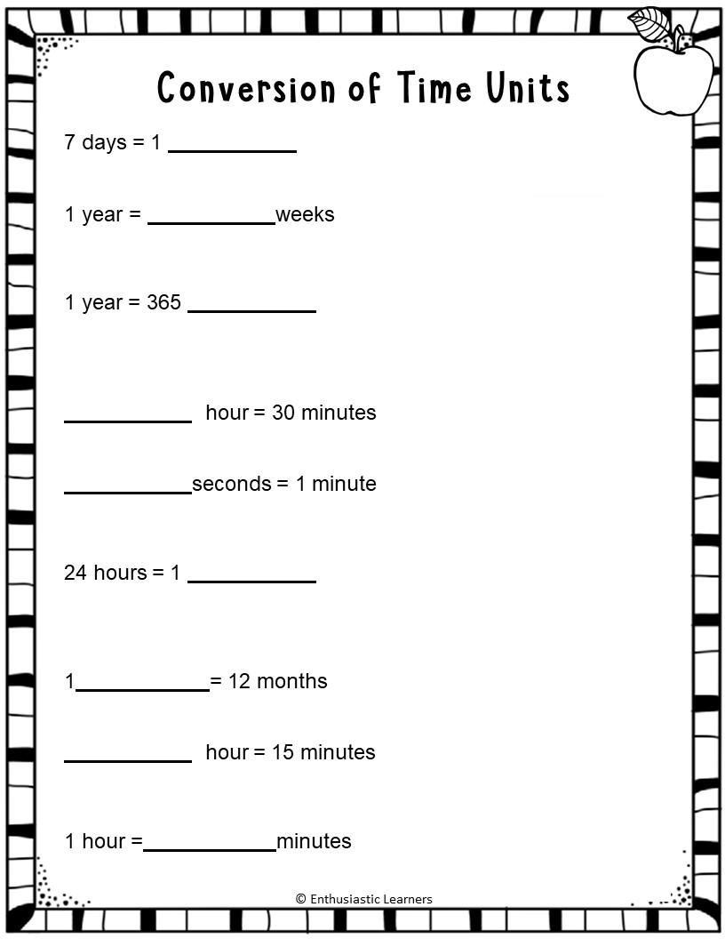 Conversion of Time Units Worksheets (years, months, weeks, days, hours ...