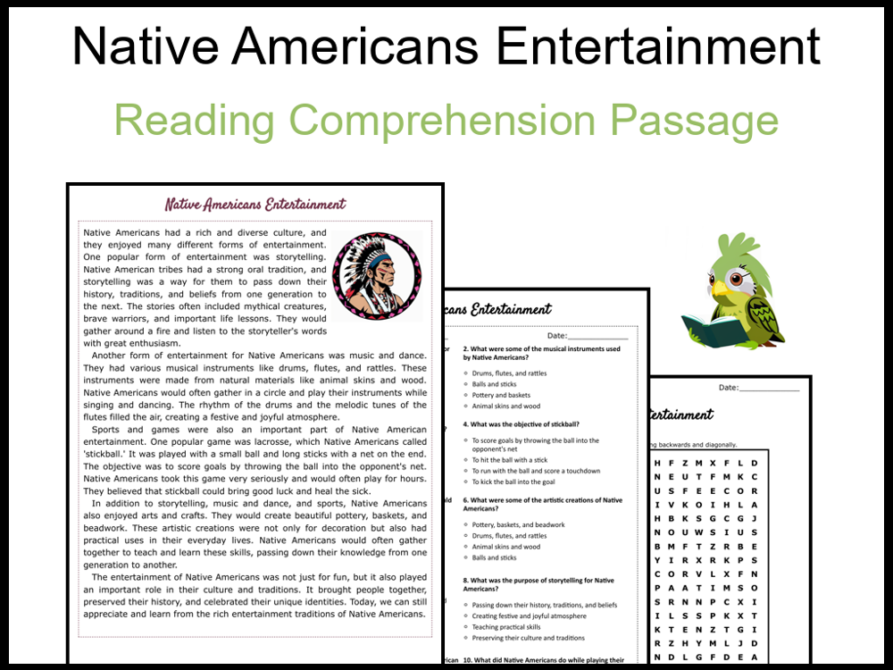 Native Americans Entertainment Reading Comprehension and Word Search ...