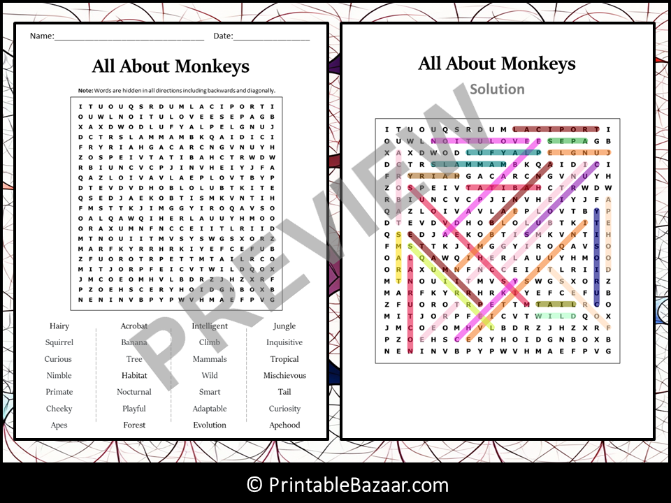 All About Monkeys Word Search Puzzle Worksheet Activity | Teaching ...