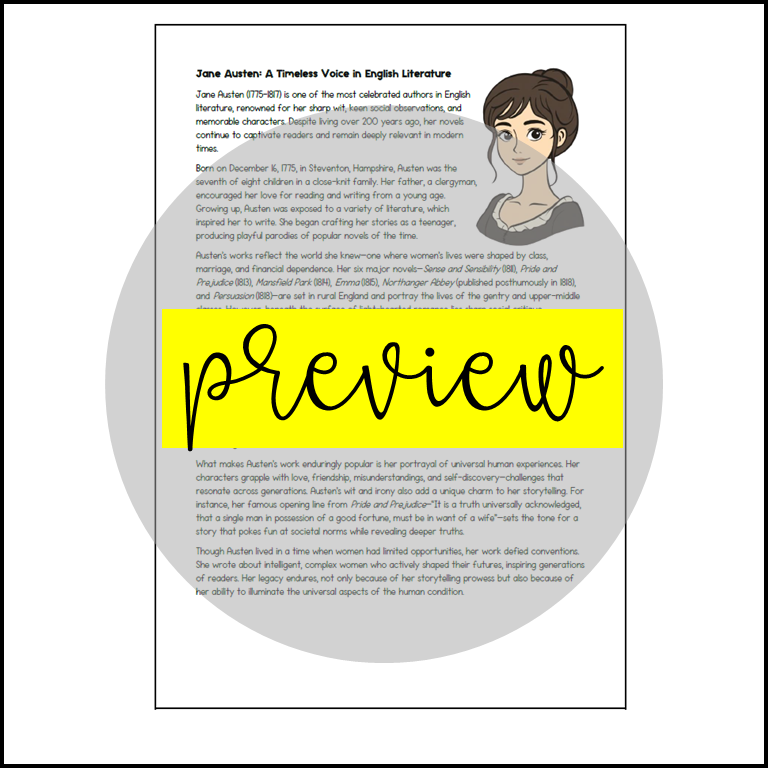 Jane Austen Reading Comprehension | KS3–KS4 English Literature ...