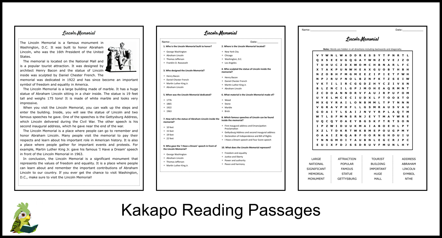 Lincoln Memorial Reading Comprehension and Word Search | Teaching Resources