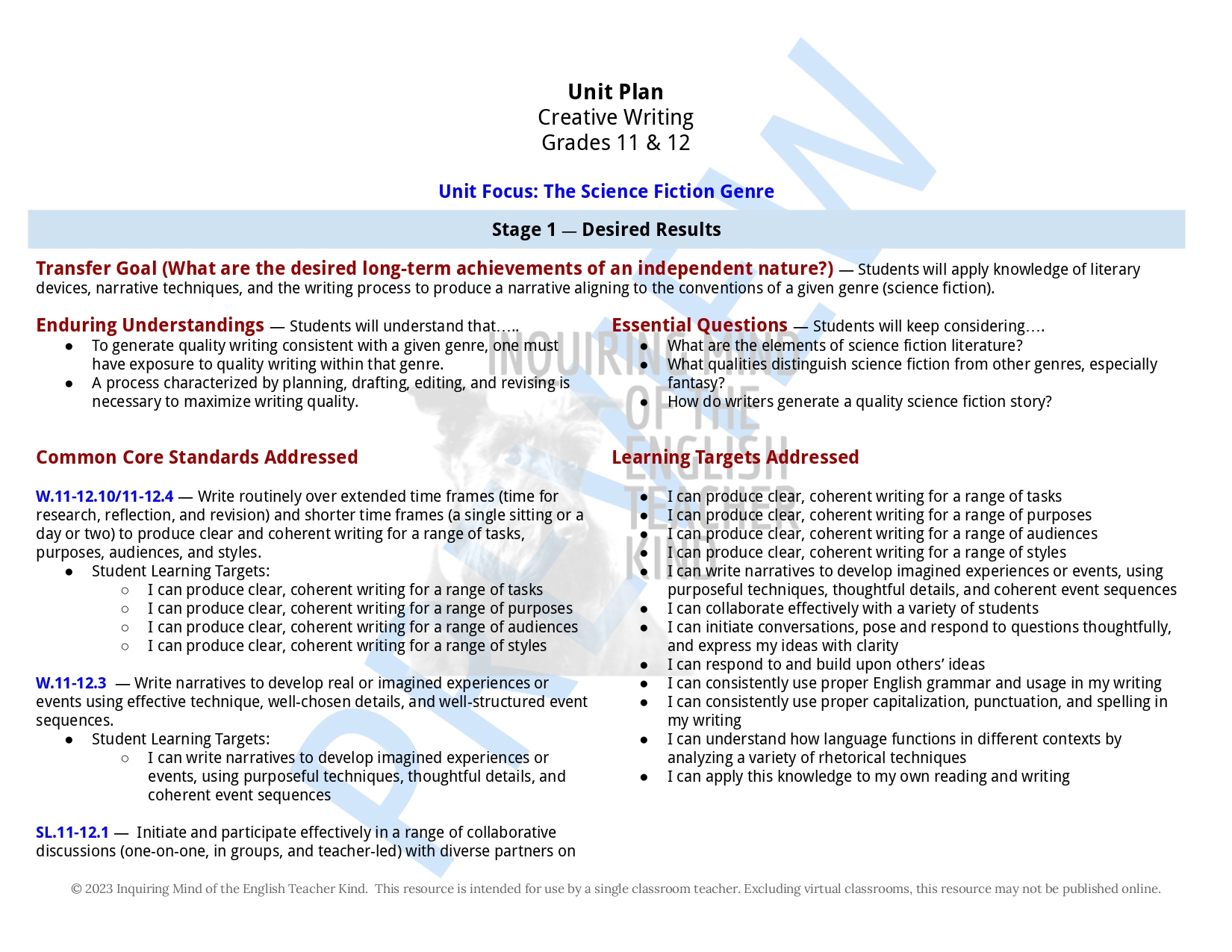 Creative Writing Unit Plan For Science Fiction Narratives Teaching