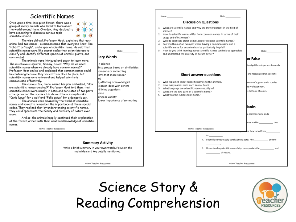 Scientific Names Reading Science Story Comprehension Questions ...