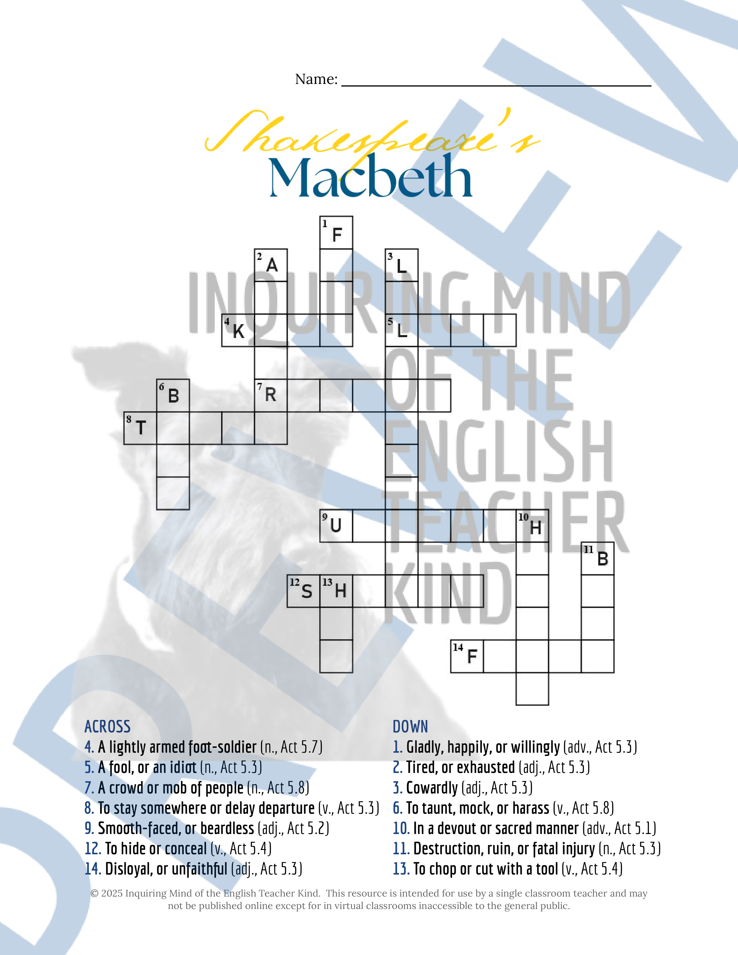 Shakespeare's Macbeth Vocabulary Games (Act 5) | Teaching Resources