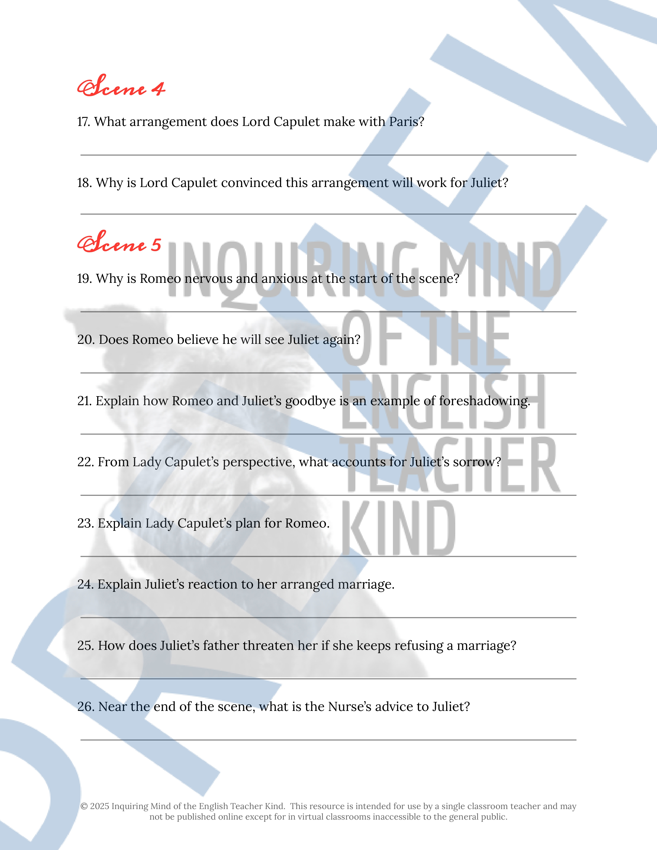 Romeo and Juliet Act 3 Reading Guide and Answer Key | Teaching Resources