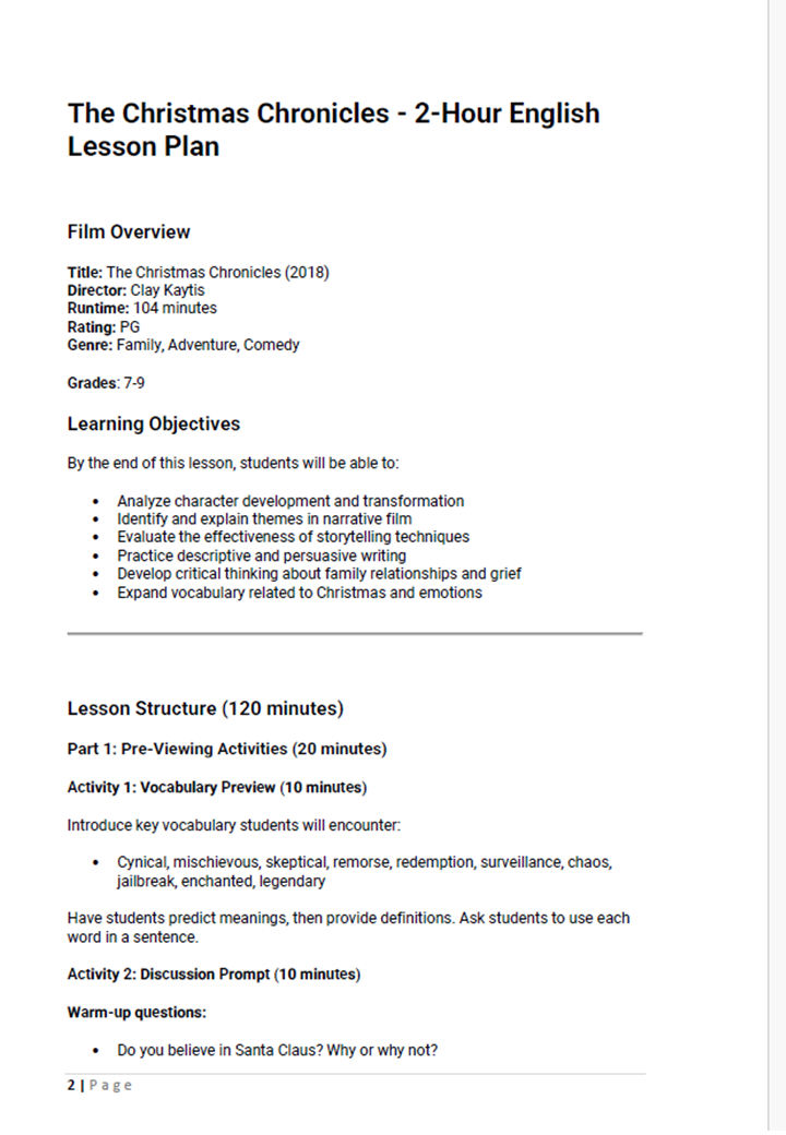 The Christmas Chronicles – 2-Hour English Lesson Plan (Grades 7–9 ...