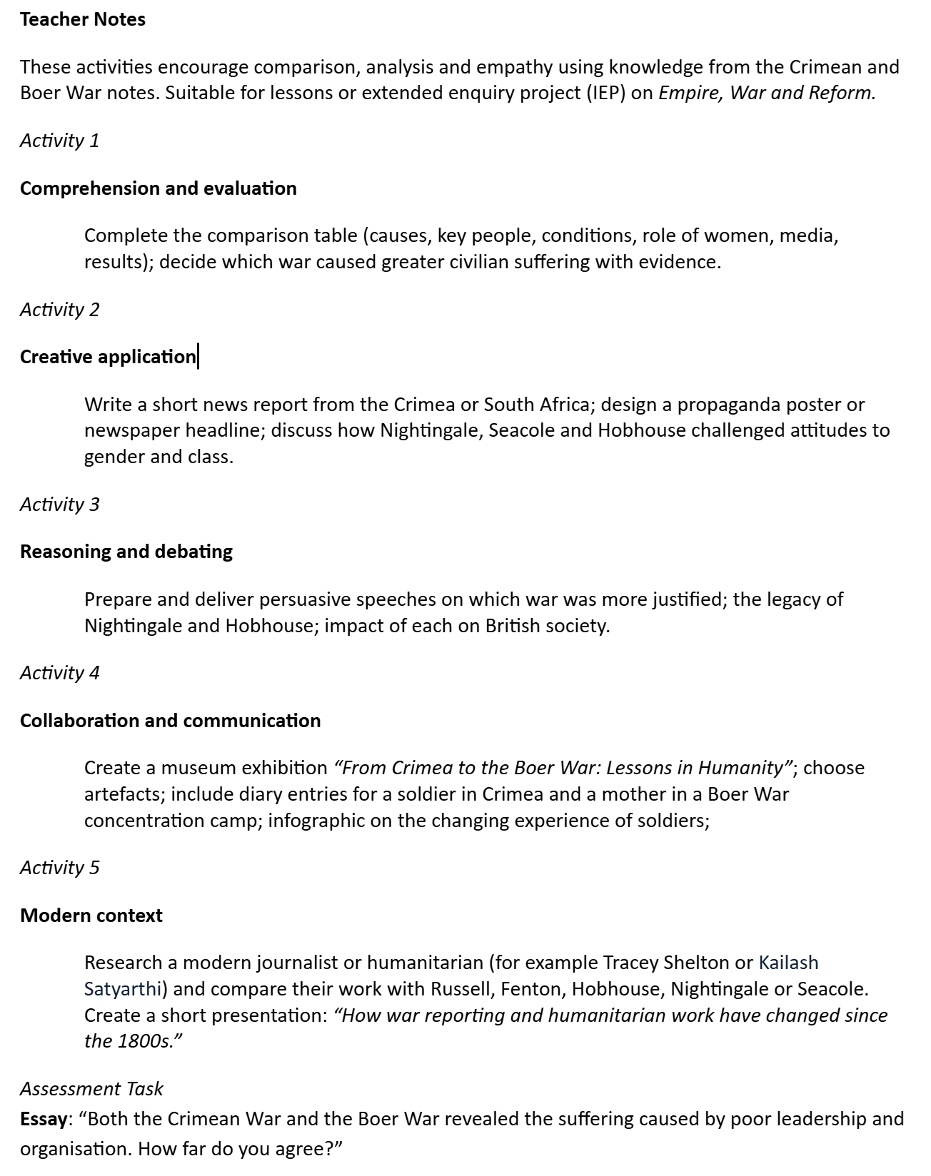 KS3/GCSE Medicine Through Time - The Crimean War and the Boer War: Unit ...