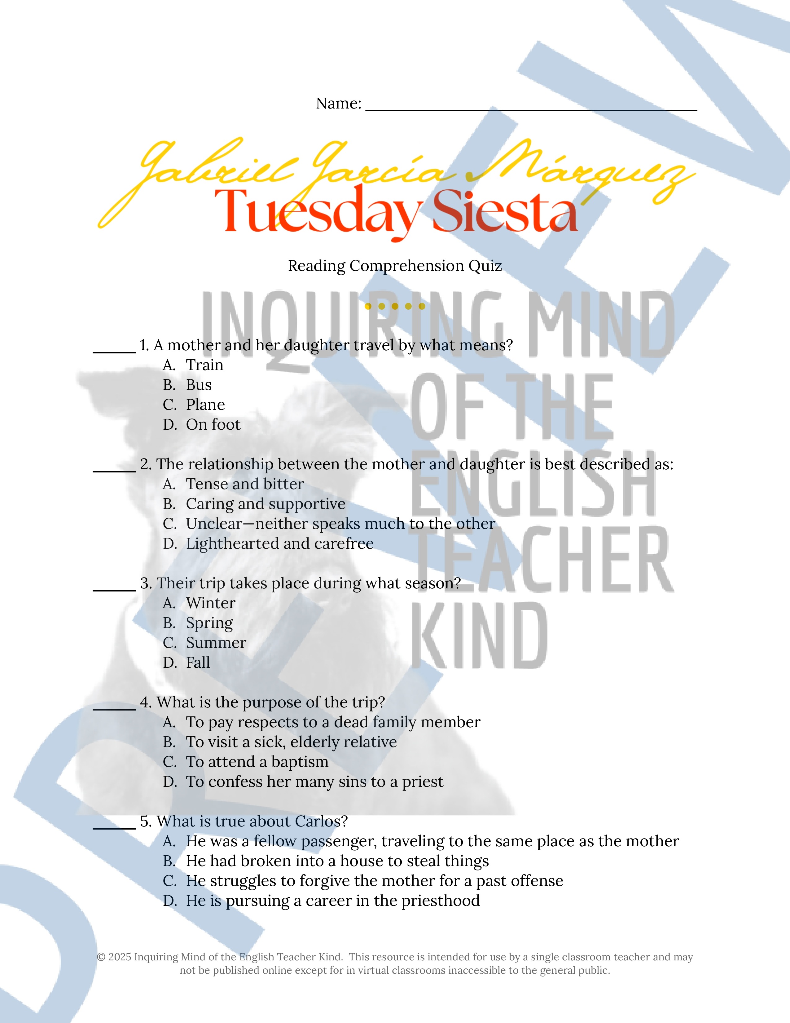 "Tuesday Siesta" by Gabriel Garcia Marquez Quiz and Answer Key ...