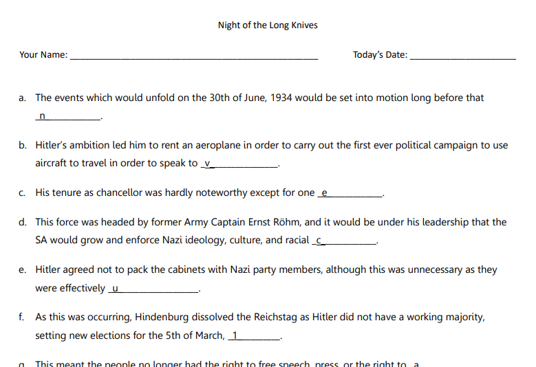 Night of the Long Knives video worksheets, differentiated. | Teaching ...