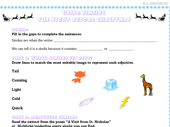 English - Using Similes - Christmas Worksheet | Teaching Resources