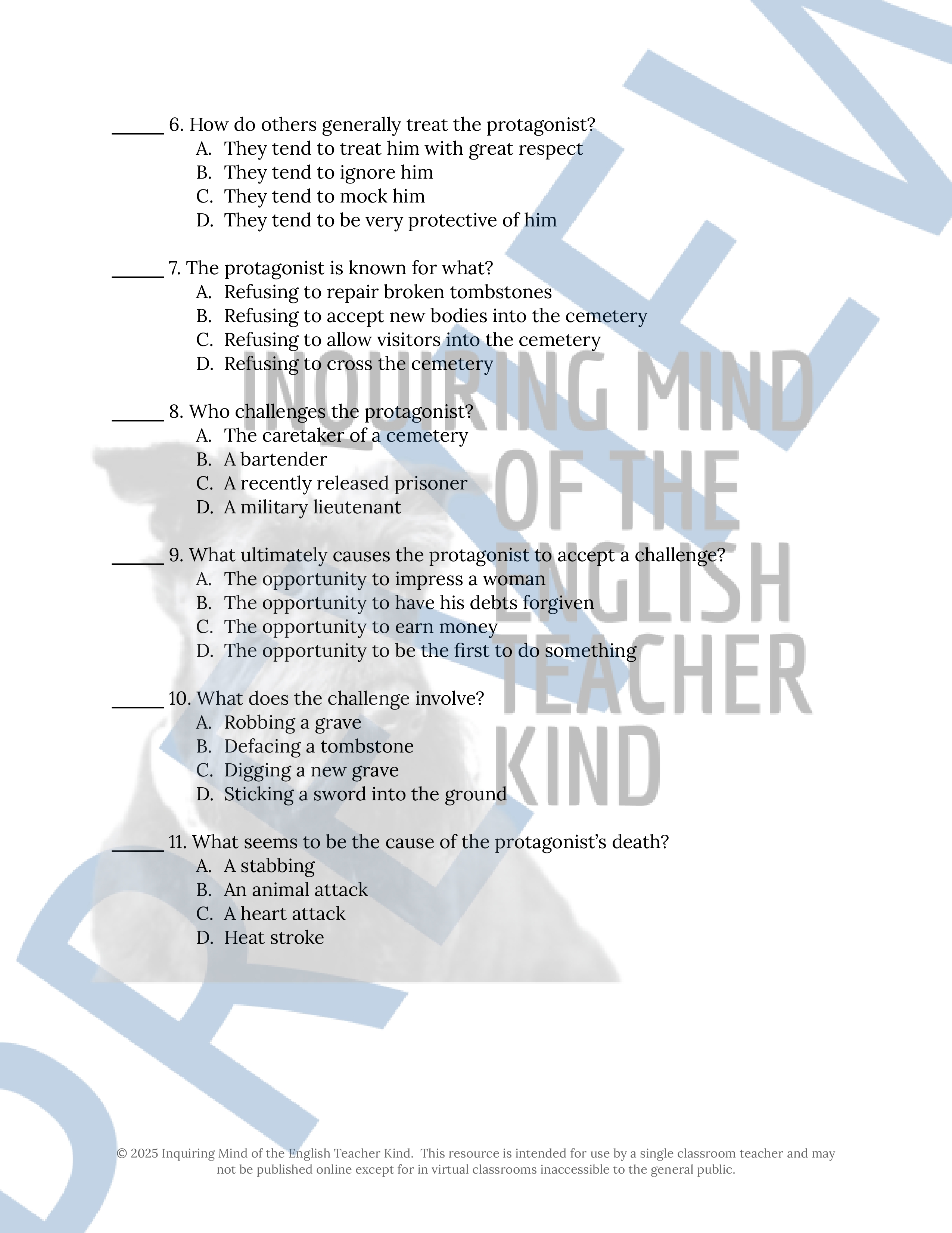 "The Path through the Cemetery" by Leonard Q. Ross Quiz and Answer Key ...