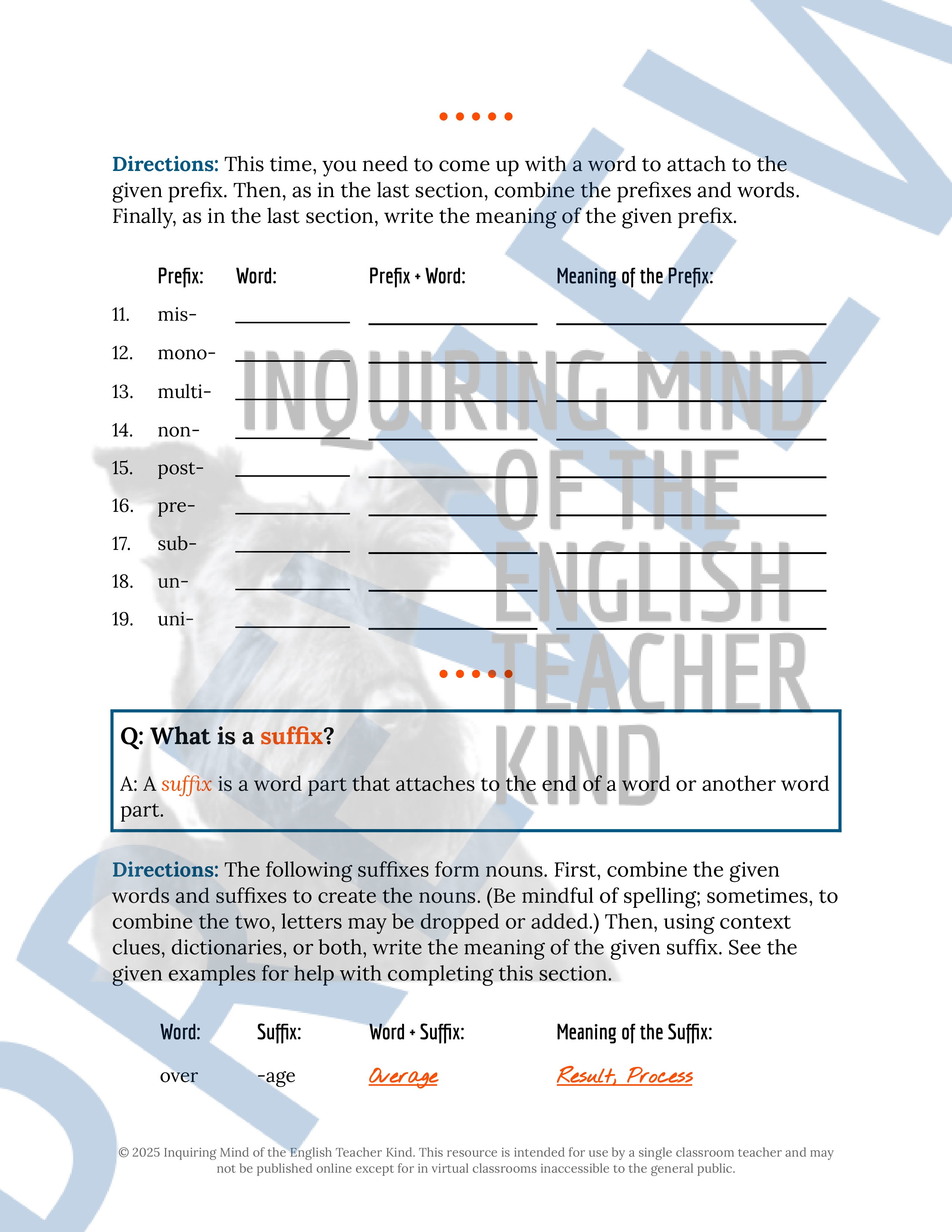 Grammar Review Worksheet on Prefixes, Suffixes, and Roots | Teaching ...