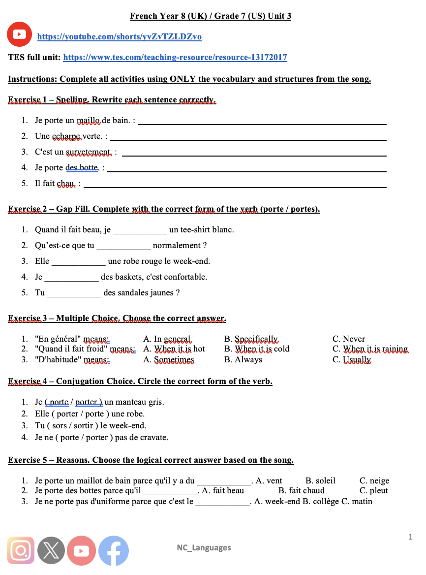 03. FRENCH SONG Year 8. Unit 3: Qu'-est-ce que tu portes ? (Lyrics ...