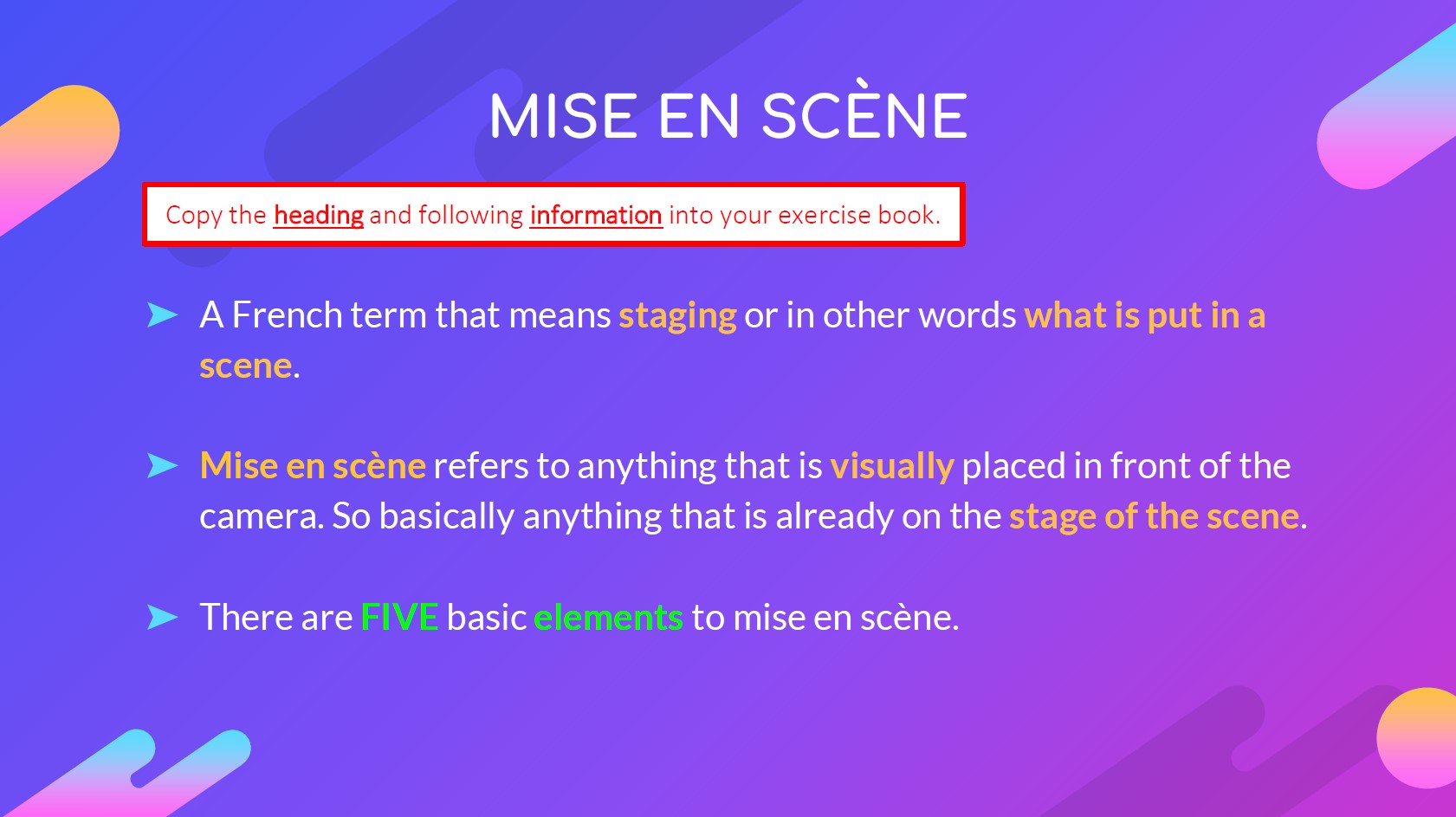 Mise en Scene Slideshow | Cinematic Film Techniques | Teaching Resources