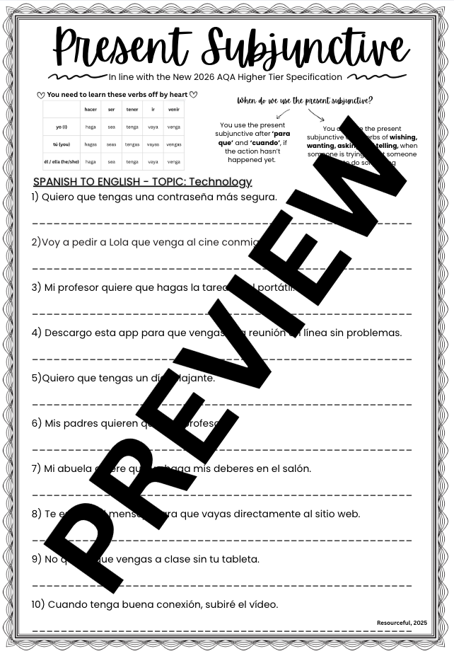 AQA New 2026 Spec Higher Tier Present Subjunctive Translation ...