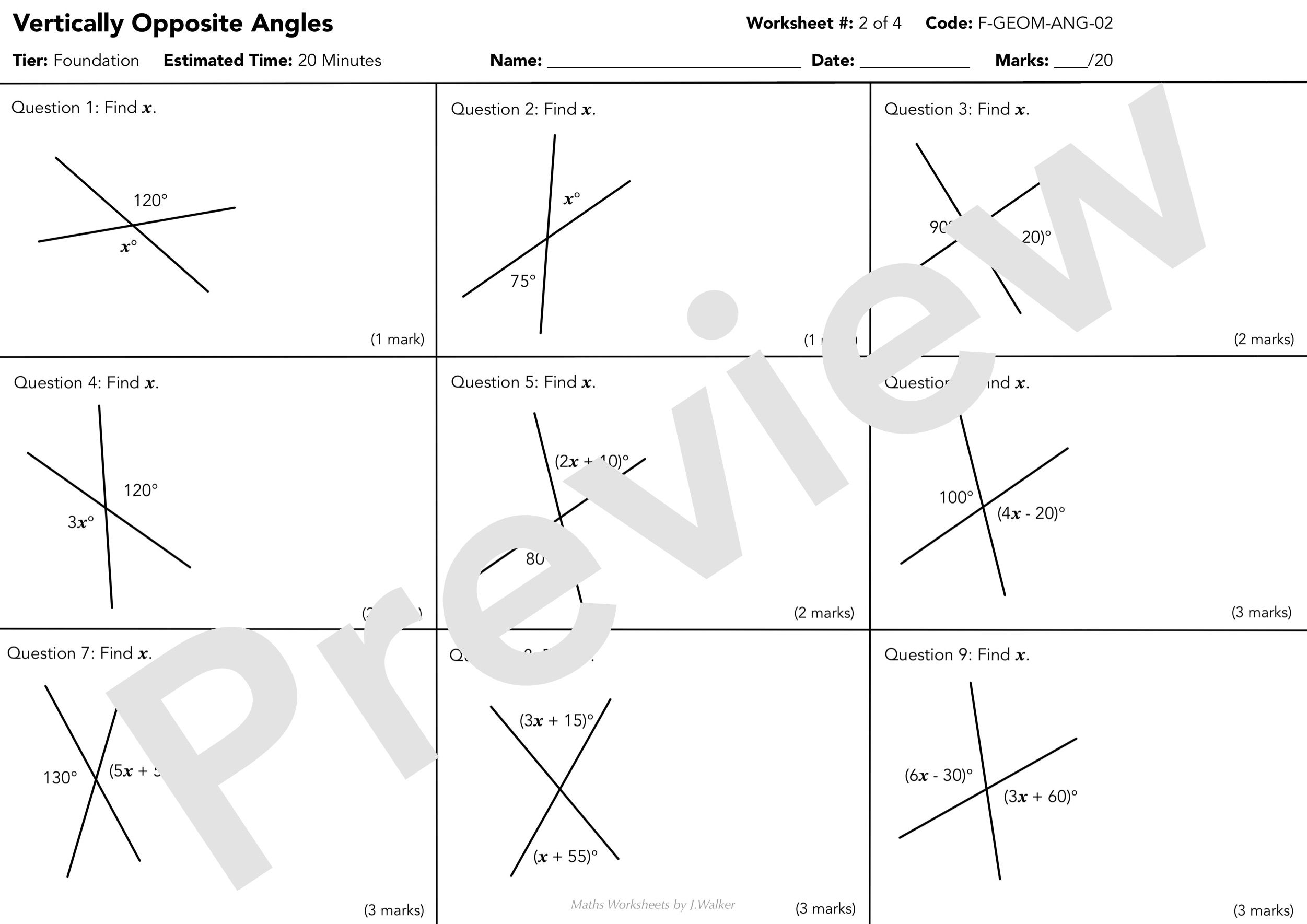 GCSE Maths Worksheet: Vertically Opposite Angles - Foundation Tier ...