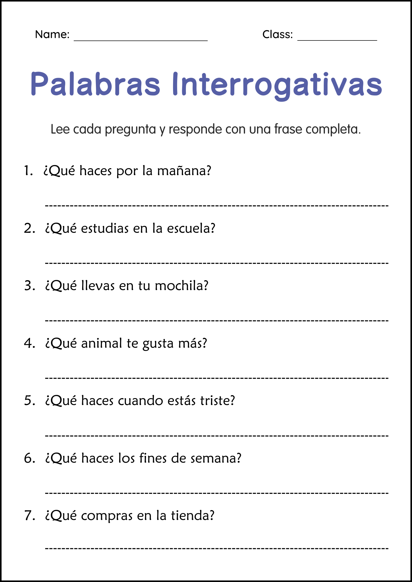 Palabras Interrogativas - Question Words Worksheets in Spanish for ...